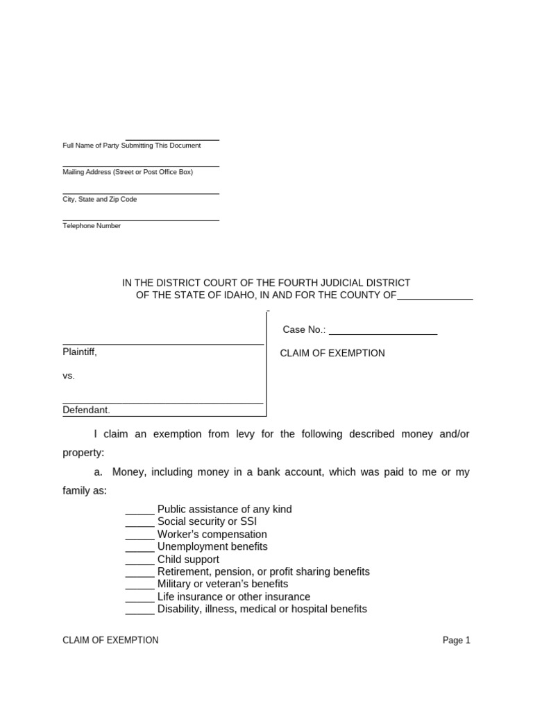 Claim of Exemption Form Idaho | PDF | Employment | Social Security ...