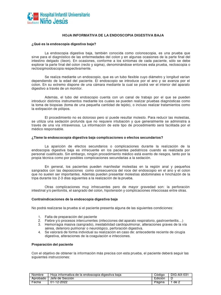 Dig-Ax-031 Rev D Hoja Informativa Endoscopia Digestiva Baja | PDF ...
