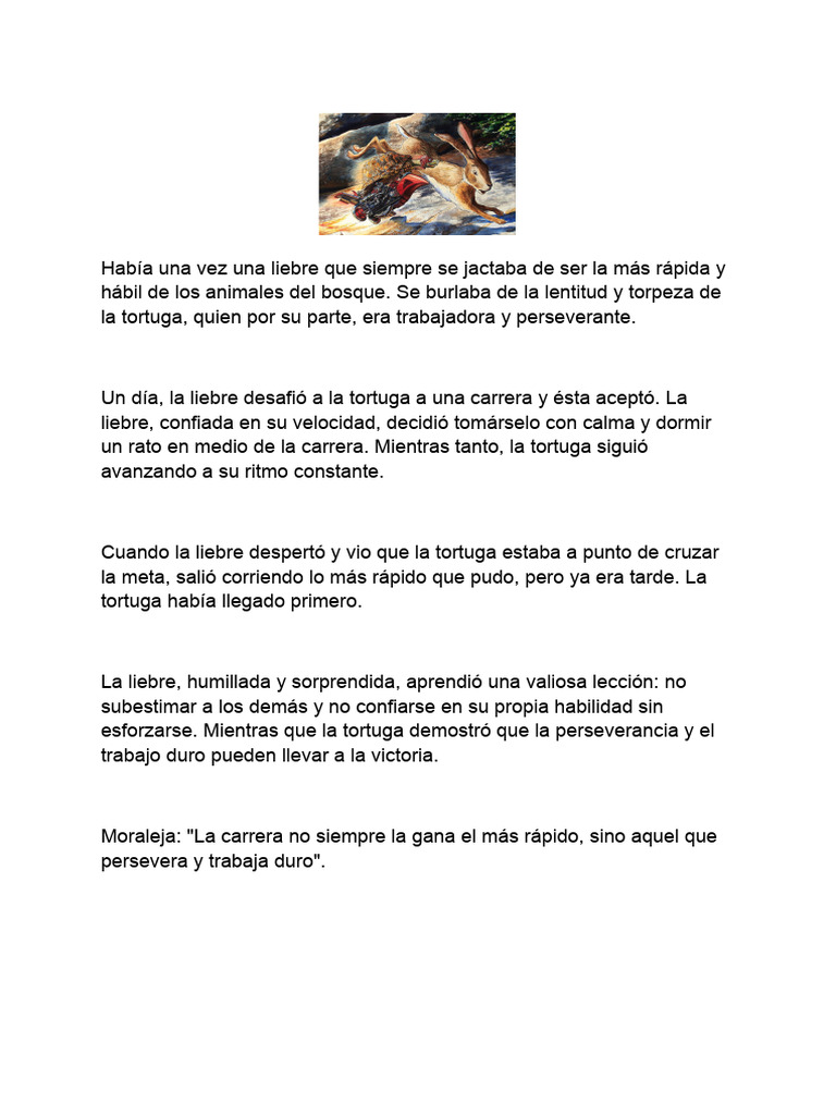 Fábula La Tortuga y La Liebre | PDF