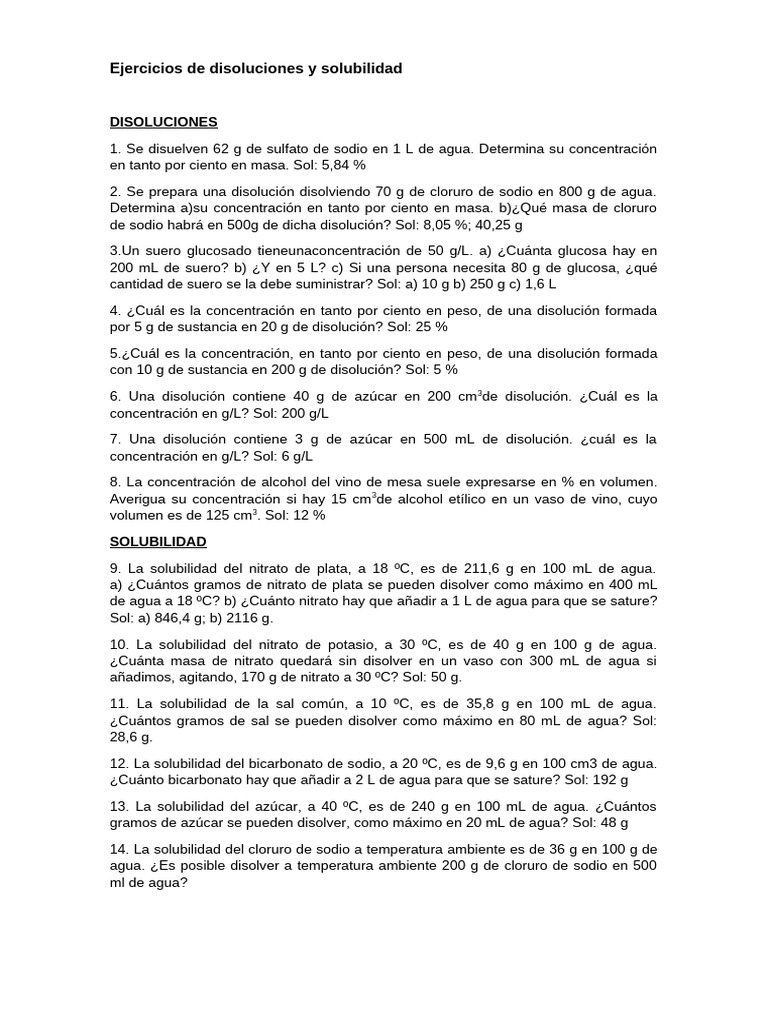 Ejercicios Disoluciones | PDF | Concentración | Solubilidad