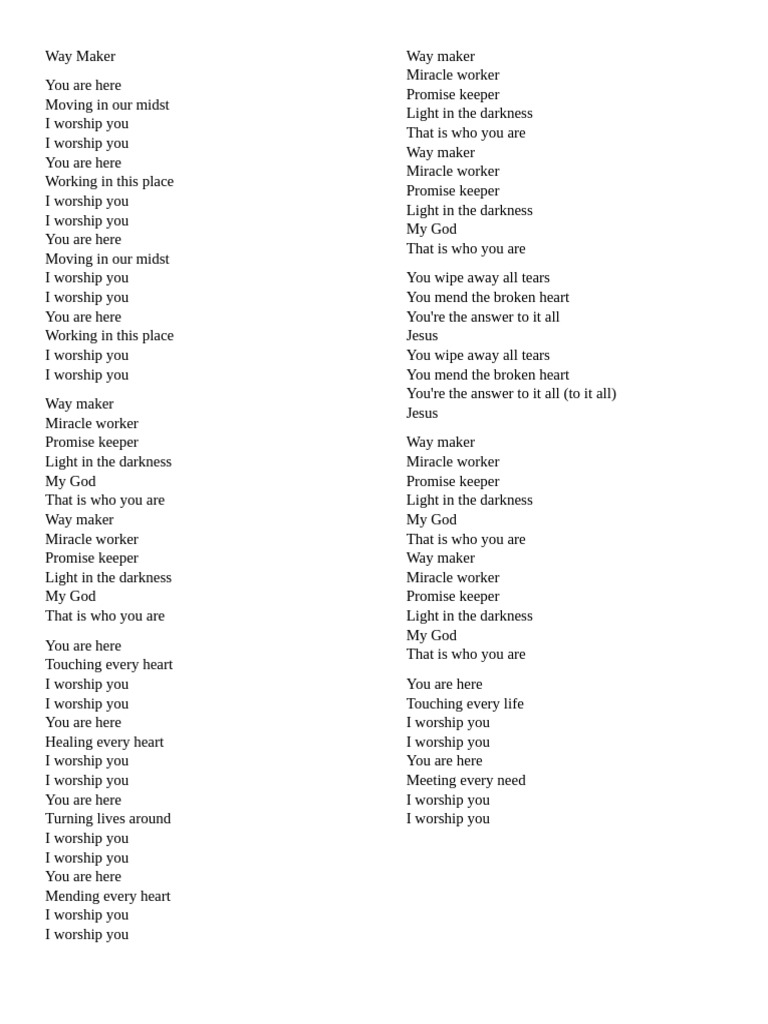 Way Maker Worship Lyrics | PDF