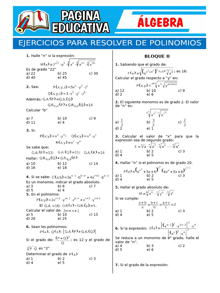 Ejercicios-para-Resolver-de-Polinomios-Pagina-Educativa | PDF | Álgebra ...
