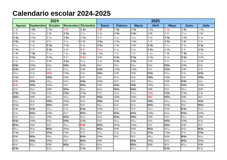 Calendario Escolar 2024 2025 Horizontal | PDF