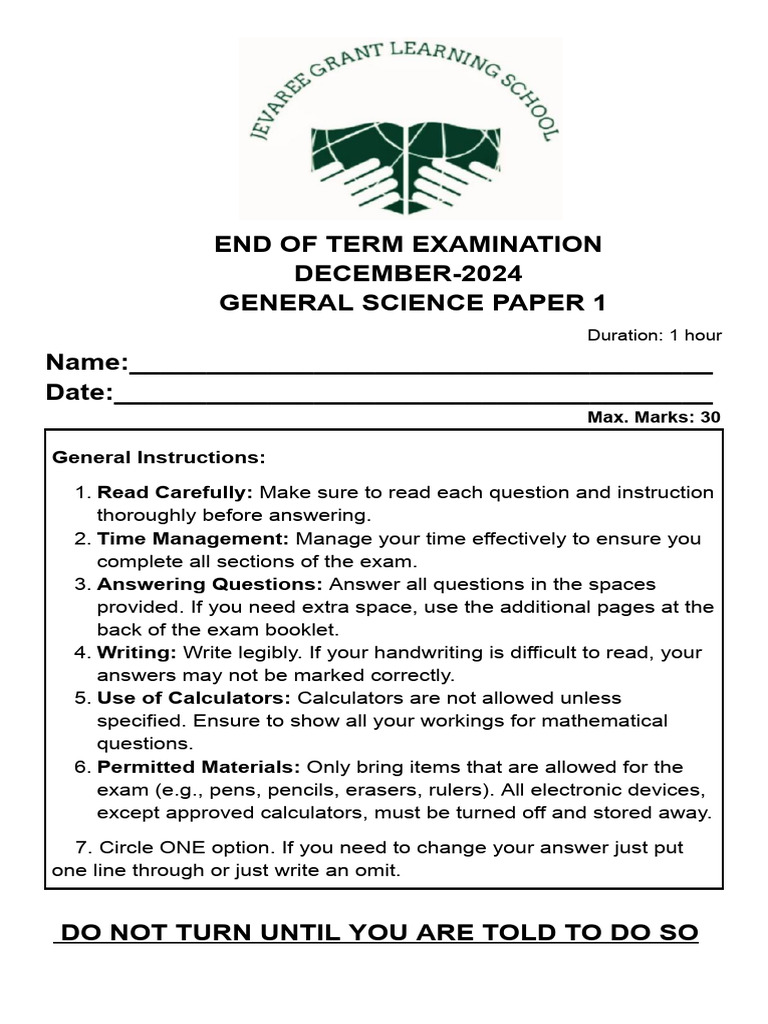 General Science December Exam Paper 1 2024-2 | PDF | Fertilisation ...