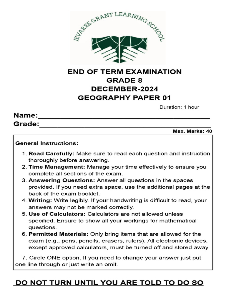 Geography Decemeber Exam Paper 1 2024-1 | PDF | Earth | Map