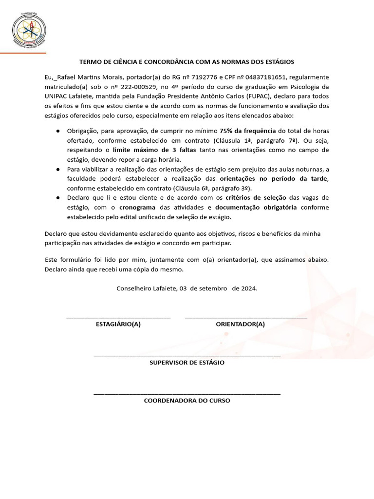 2 - Termo de Ciencia Das Normas Do Estagio (2) .Docx - Documentos Google | PDF