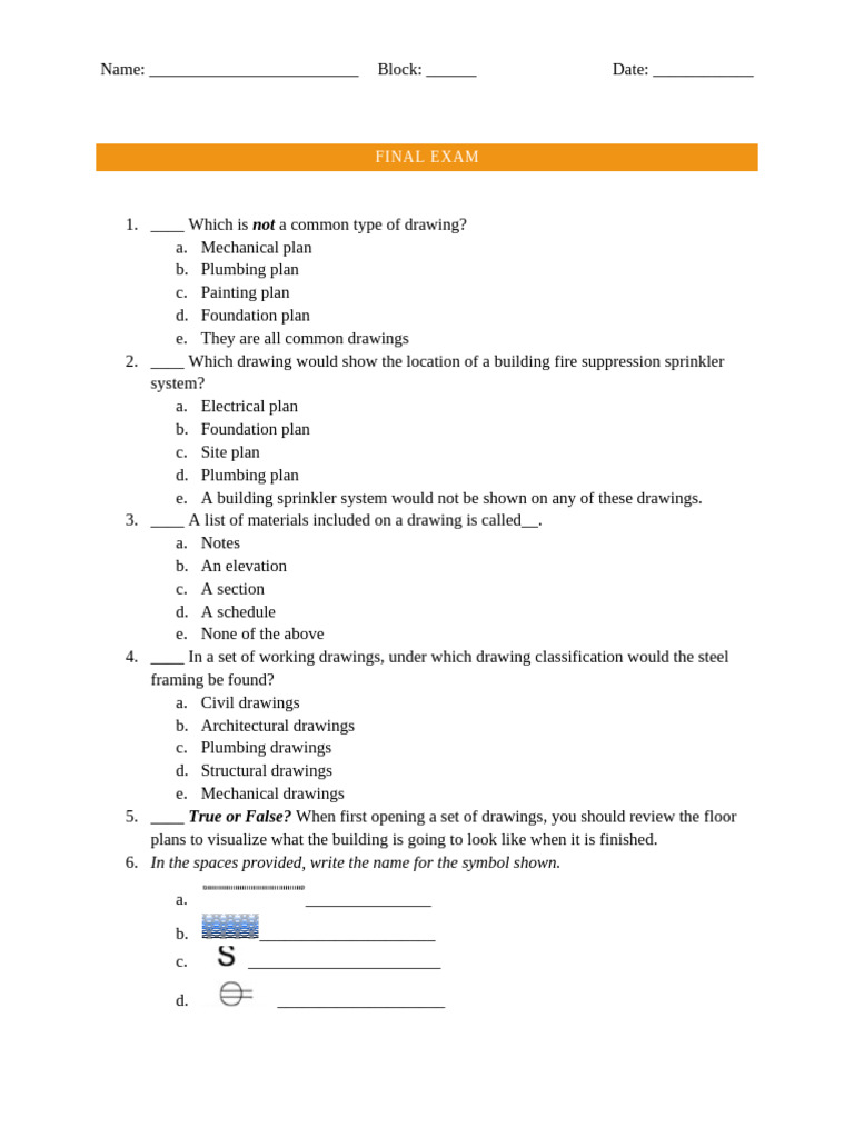 Construction Drawing Exam Questions | PDF | Plumbing | Pipe (Fluid ...