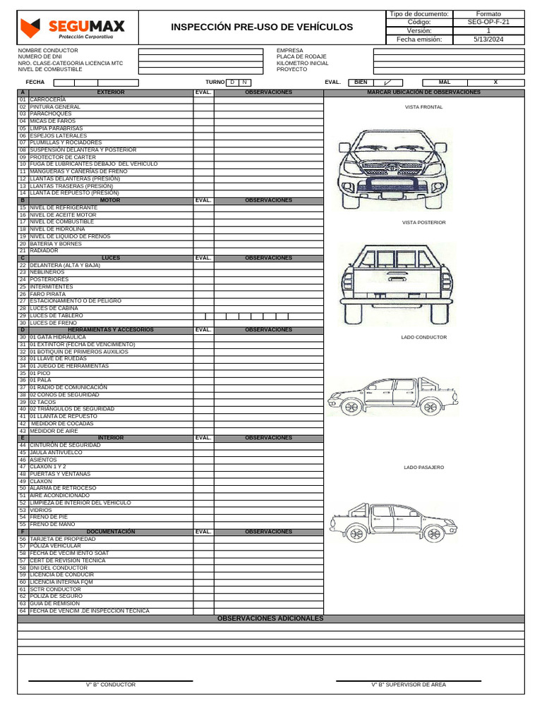 SEG-OP-F-21 Inspeccion Pre-uso de vehiculos LA GRANJA | PDF | Carros deportivos | Vehículo de motor