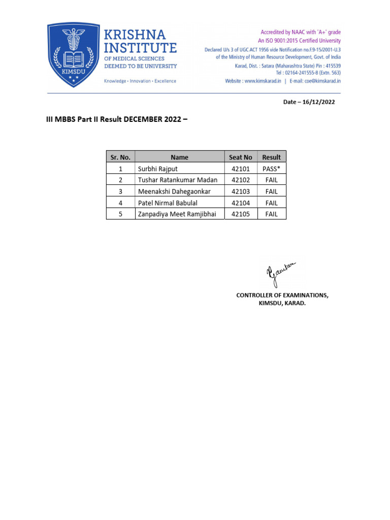 Net Result Final Mbbs Dec. 2022 Exam Wfzvqog | PDF