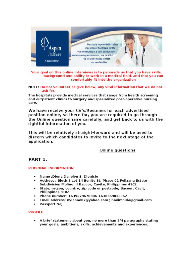 Aspen Healthcare Online Interview Question | PDF | Health Professional ...