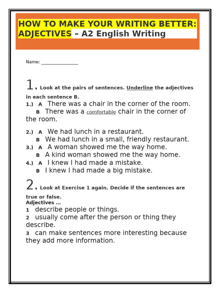 A2 writing adjectives worksheet | PDF