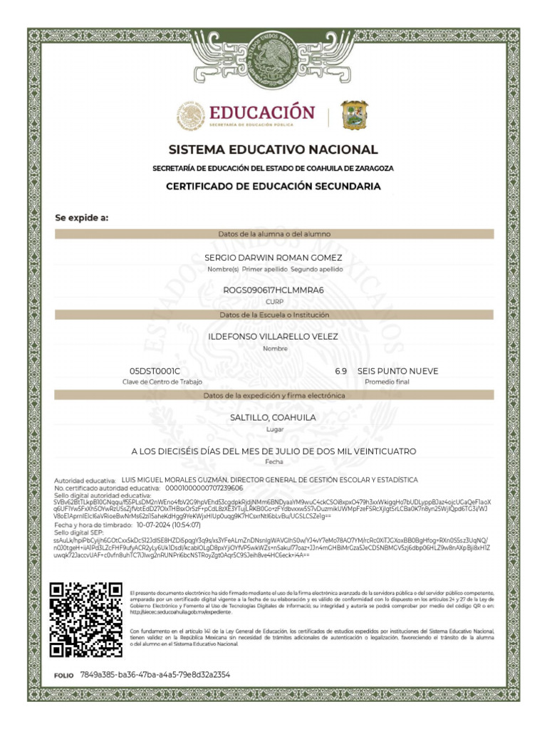 CERTIFICADO SEC. Sergio | PDF