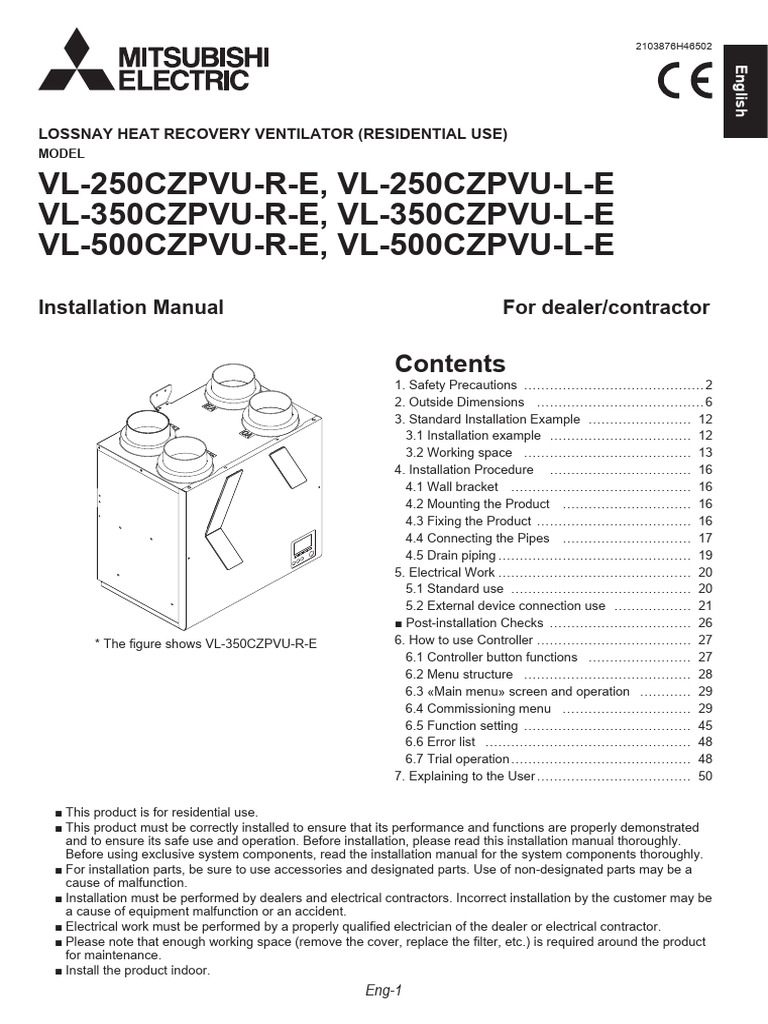 VL-250-500CZPVU-E Installation Manual 876H46502 | PDF | Duct (Flow) | Humidity