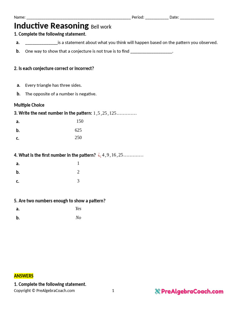 1 9 Bell Work Inductive Reasoning | PDF