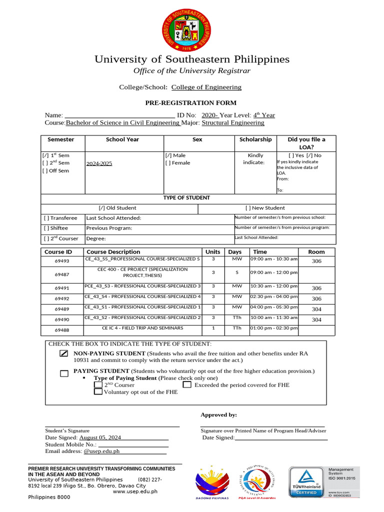 WordFile Enrollment Pre Registration Form New2024 | PDF