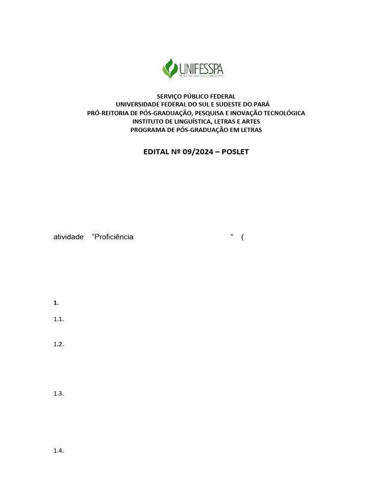 Edital - 09-2024 - POSLET - Prova de Proficiência POSLET | PDF | Pós ...