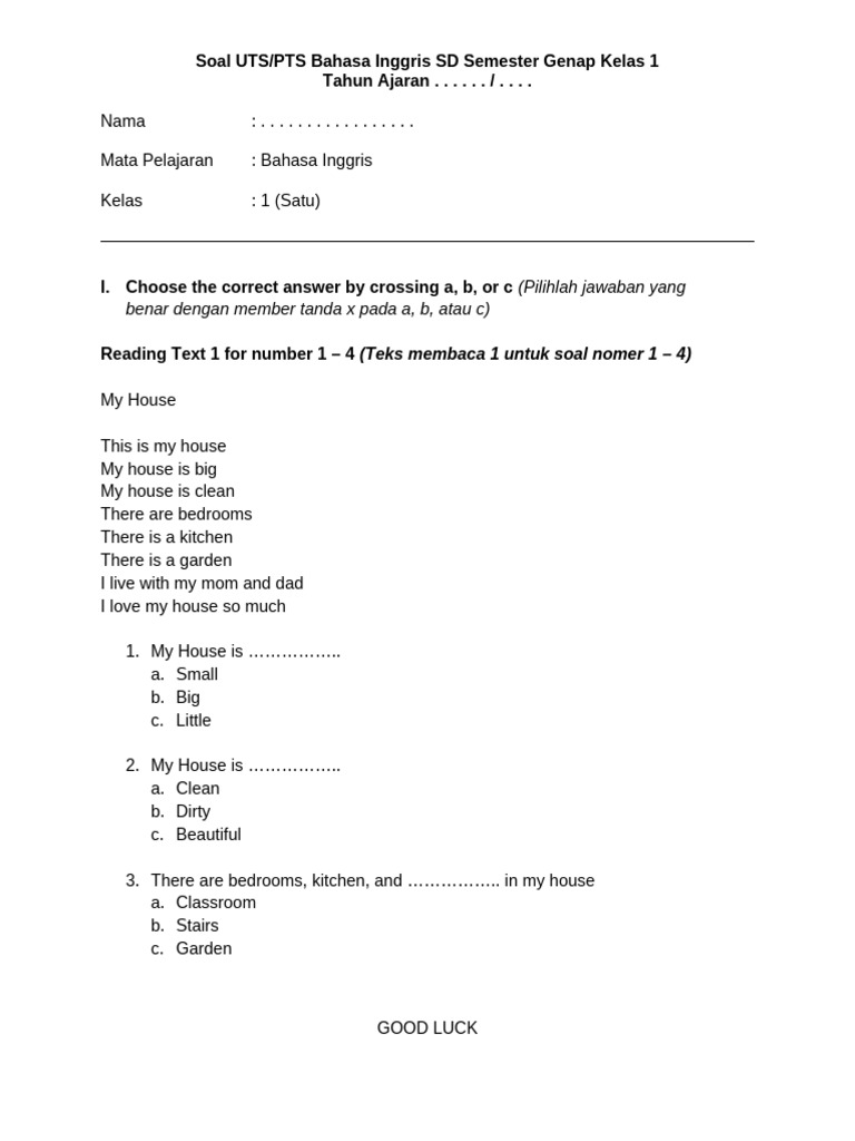 Soal Uts Bahasa Inggris Kelas 1 | PDF