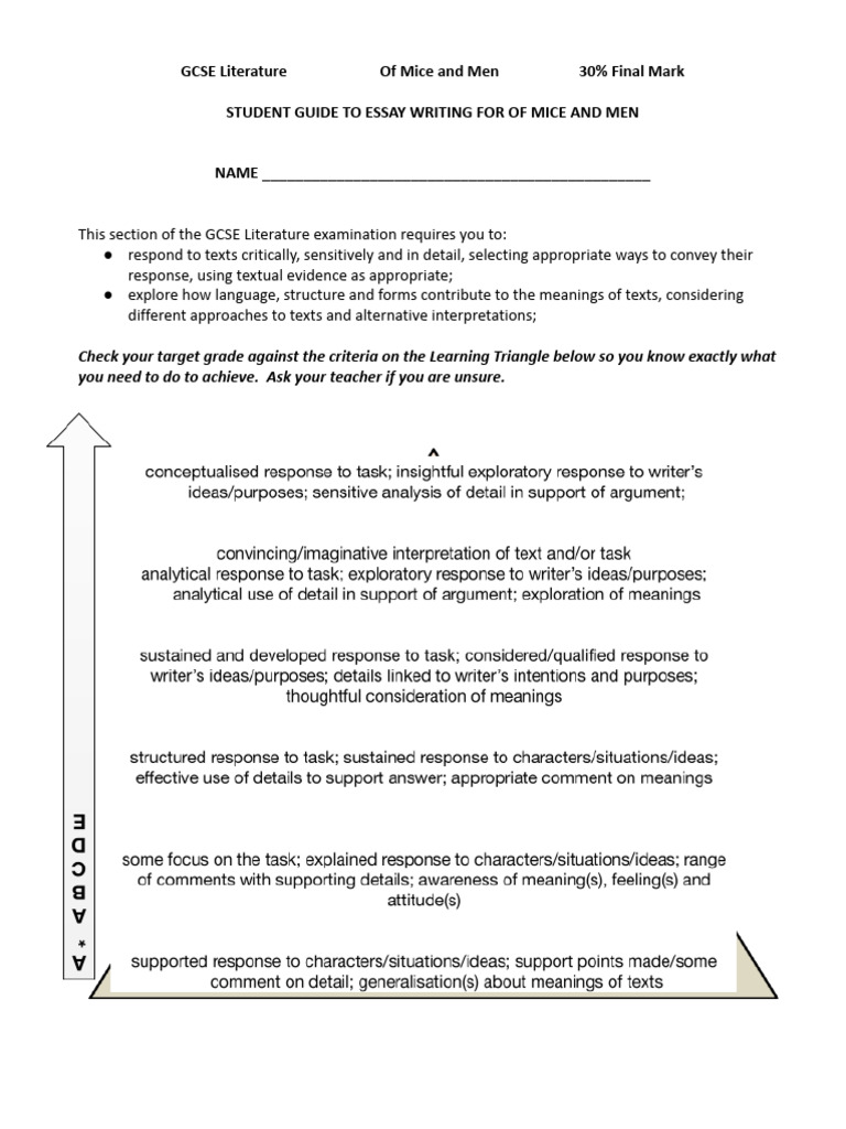 Of Mice and Men Student Essay Writing Booklet | PDF