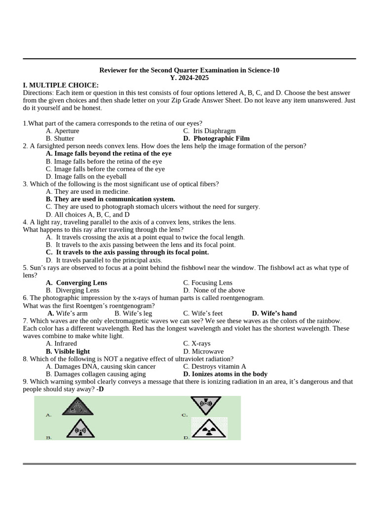 2nd QT in Science 10 2024 2025 Reviewer True 2 | PDF | Electromagnetic Radiation | Radiation