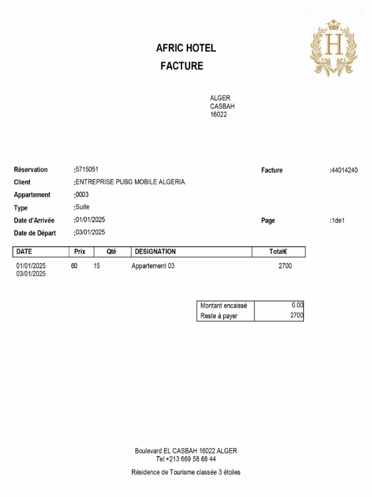 Afric Hotel Facture Ent Pubg Mobile Algeria | PDF