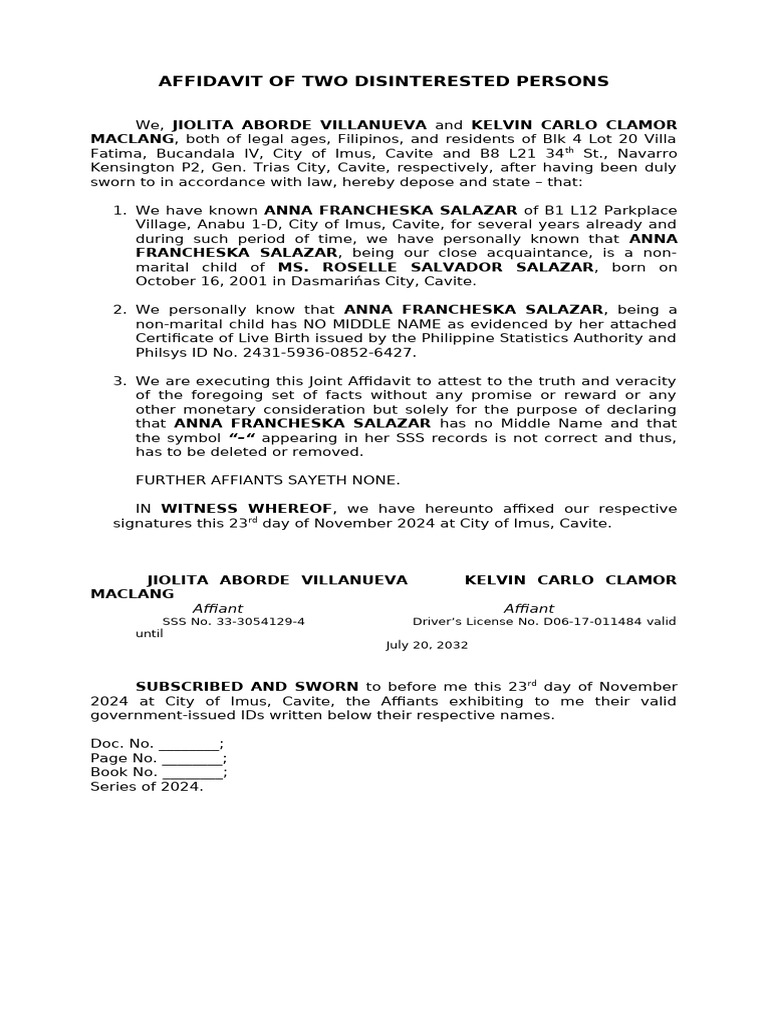 Joint Affidavit of Two Disinterested Persons SSS Discrepancy | PDF