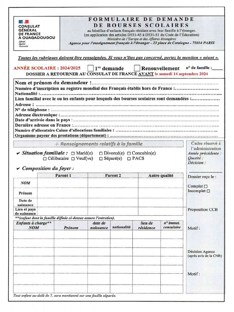 Formulaire Demande de Bourse Scolaire 2024-2025 CCB 2 | PDF