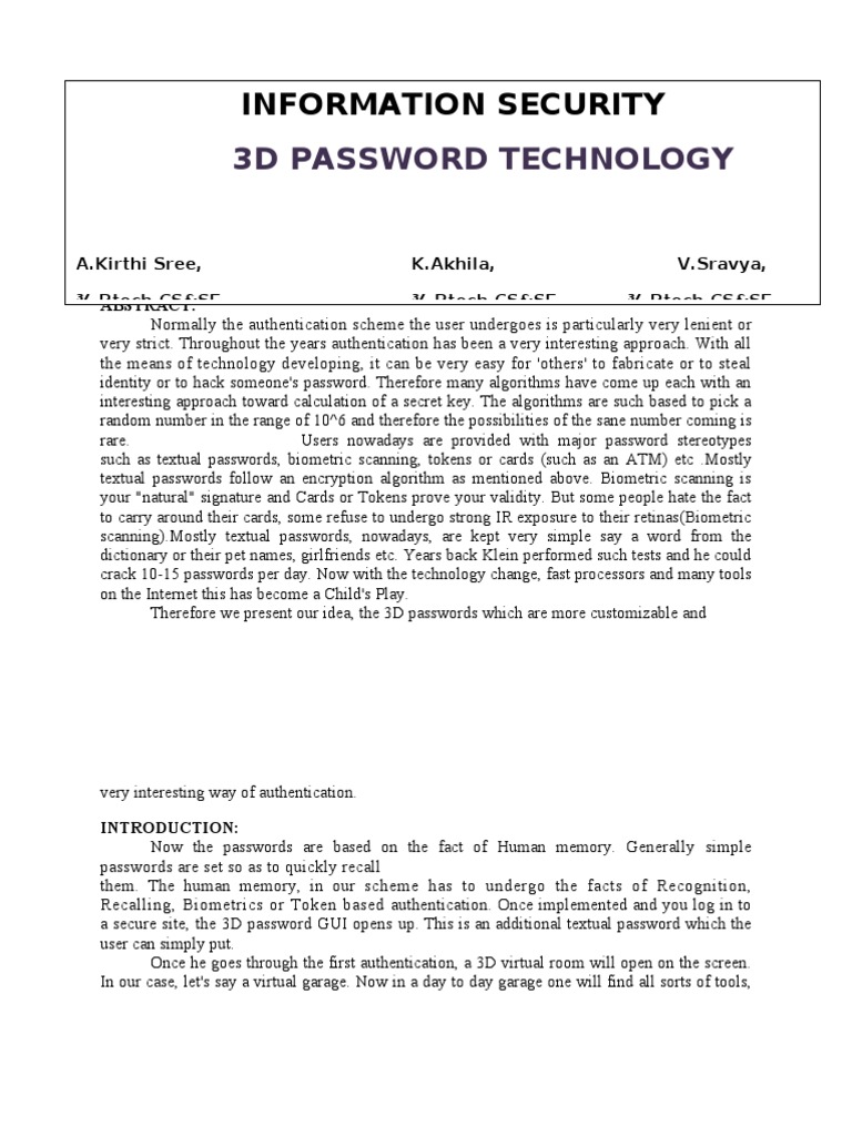 Information Security: 3D Password Technology | PDF | Password ...