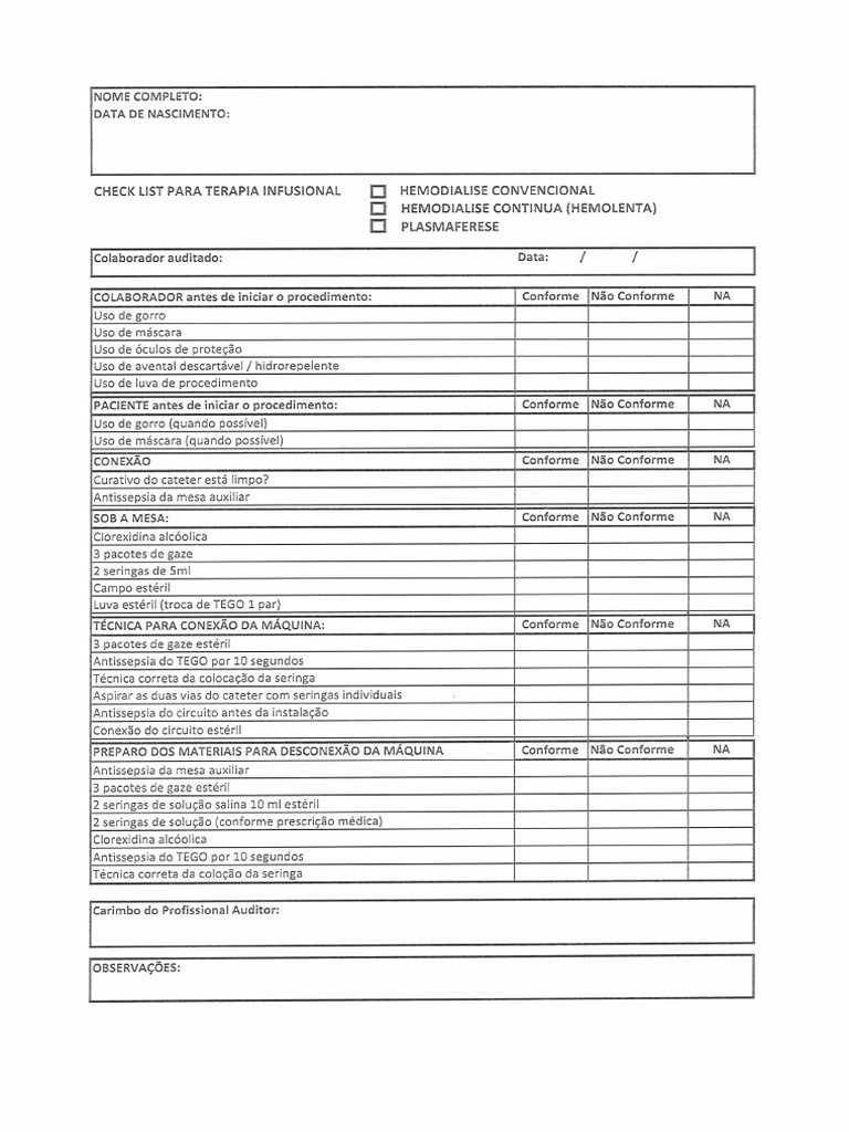 Check List P Hemodialise (Novo) | PDF