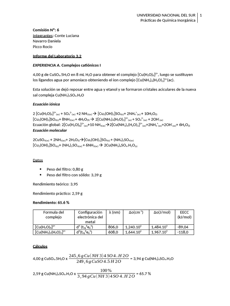 Informe Laboratorio 3.2 Complejos de Metales de Transicion | PDF | Amoníaco | Compuestos químicos