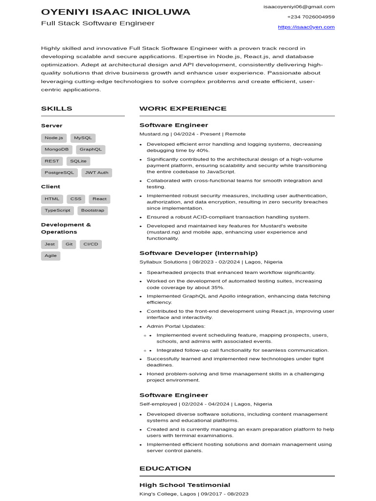 Oyeniyi Isaac Resume Software Engineer | PDF | Software Engineering ...
