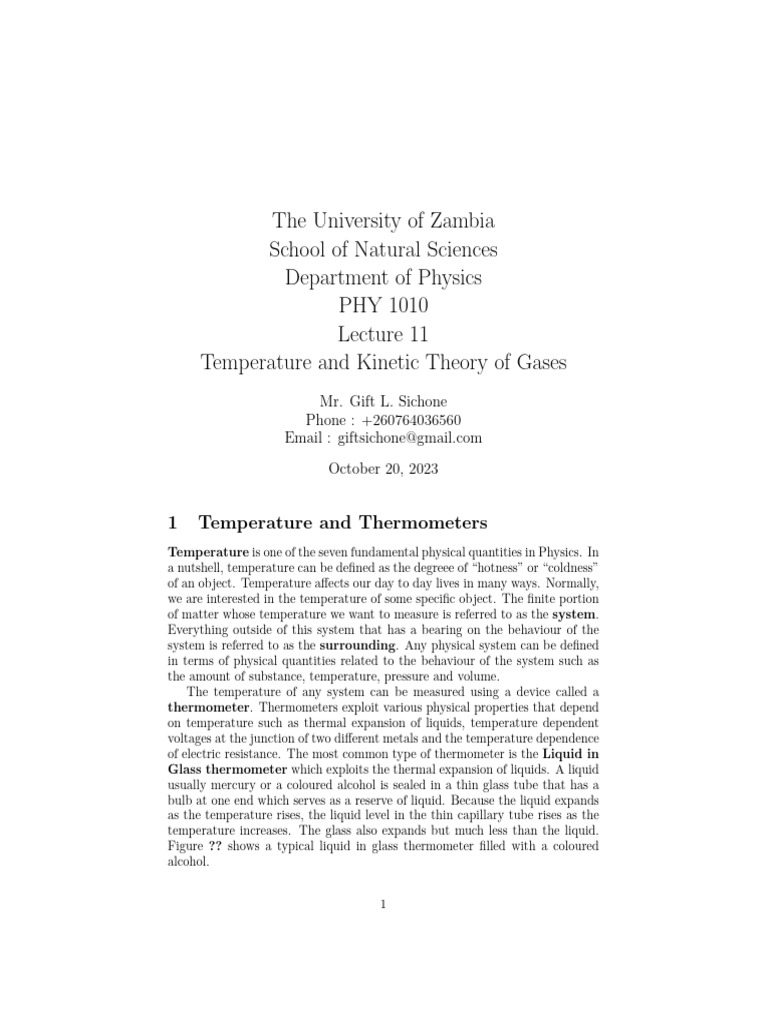 PHY 1010 Lecture 11 - Temperature and the Kinetic Theory of Gases | PDF ...