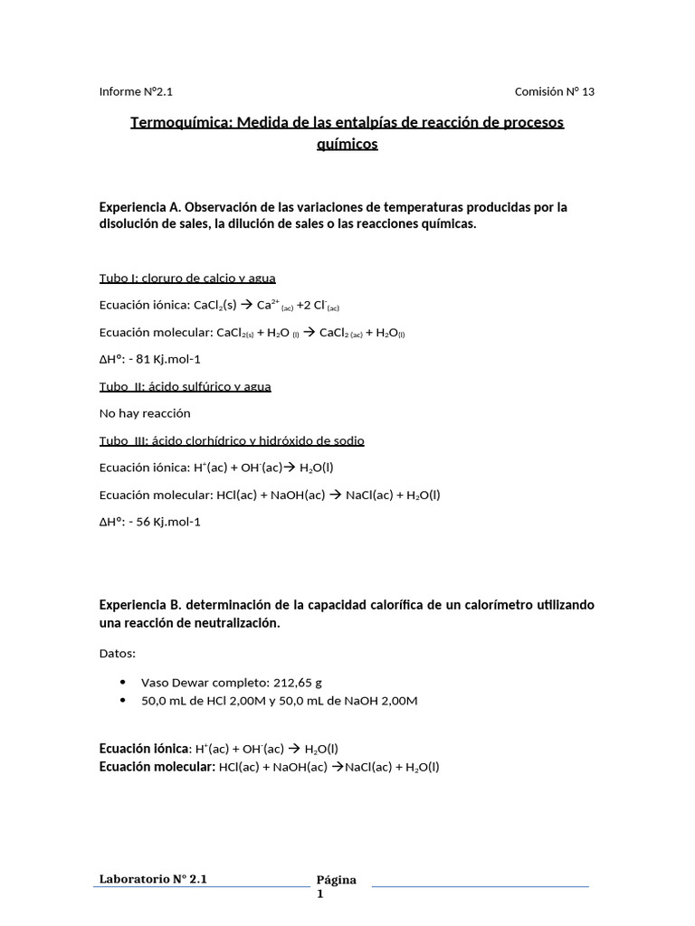 Informe Del Laboratorio 2.1 Termoquimica | PDF | Ácido clorhídrico | Hidróxido de sodio