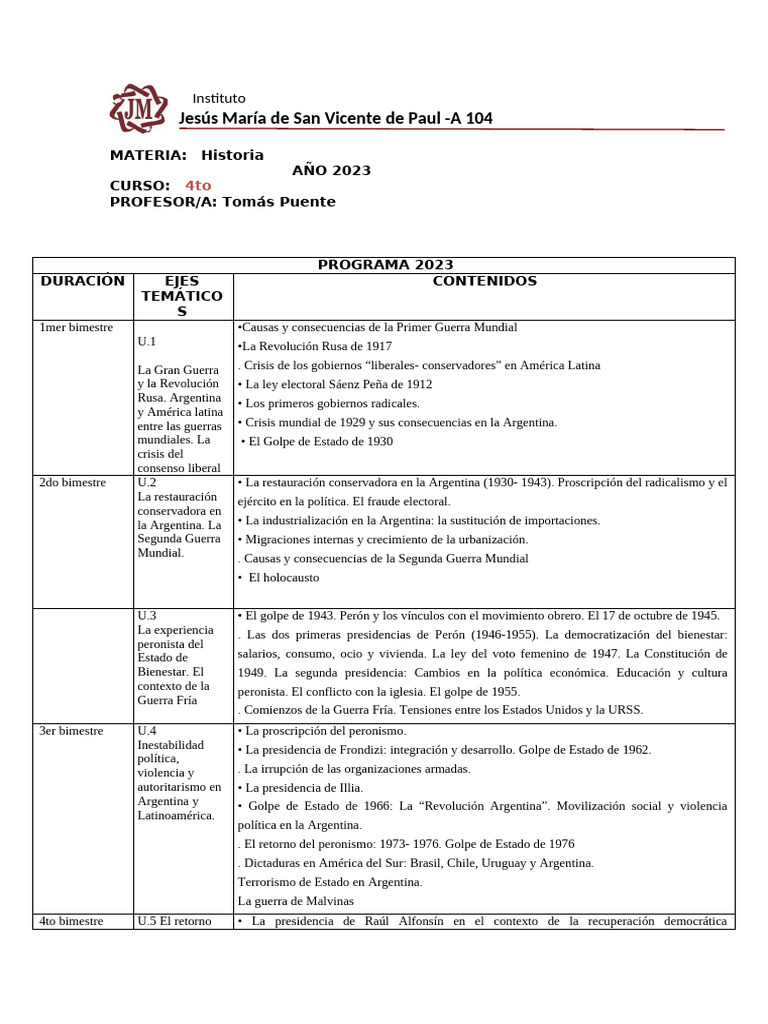 PROGRAMA HISTORIA 4TO (AÑO 2023) | PDF | Argentina | América del Sur