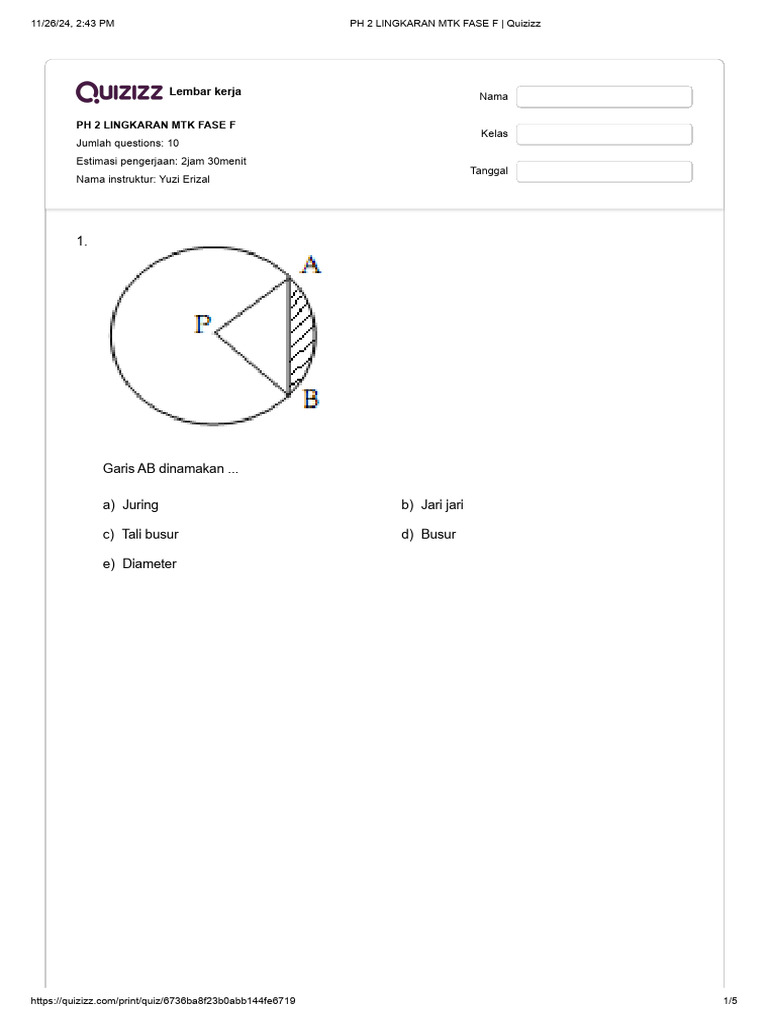 PH 2 Lingkaran MTK Fase F - Quizizz | PDF