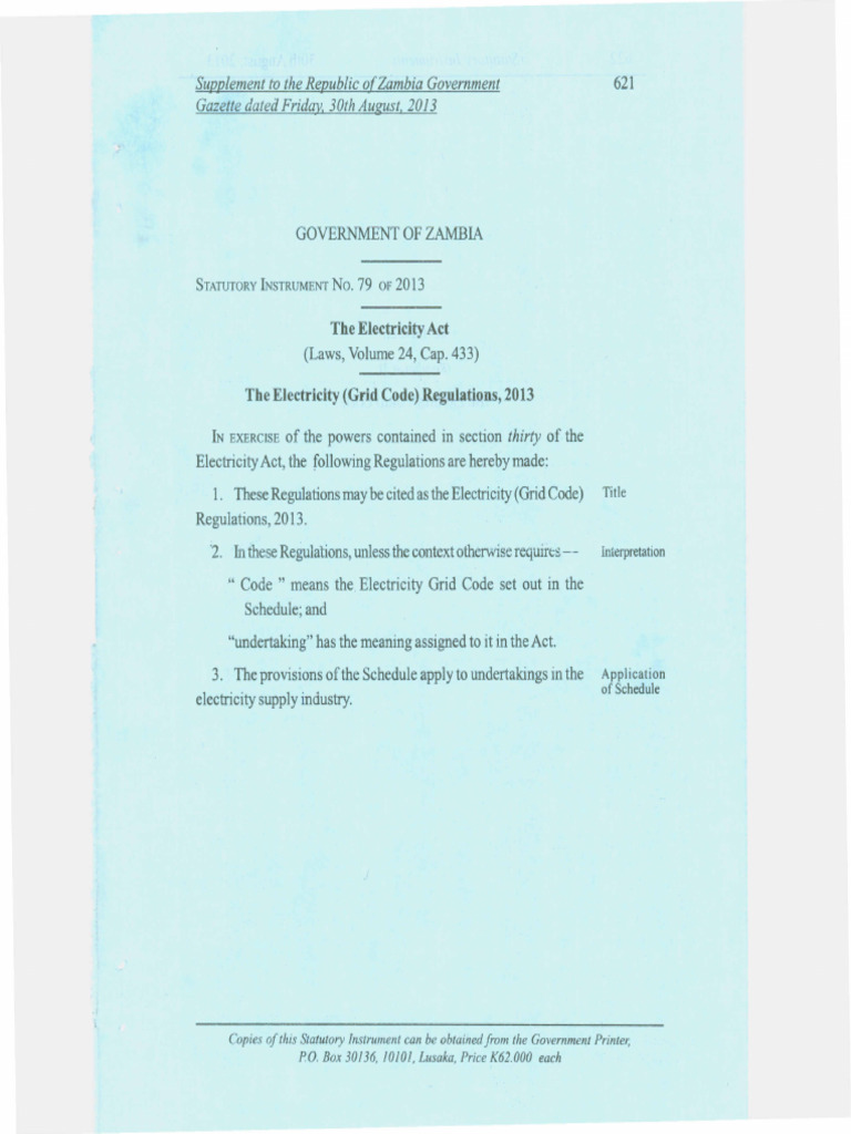 SI 79 Zambian Grid Code | PDF