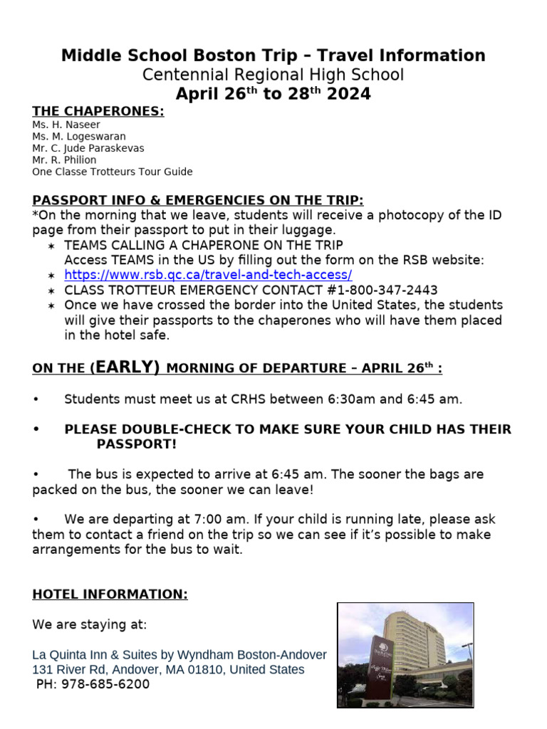 Boston Trip Info for Classe Trotteurs | PDF | Lunch | Meal