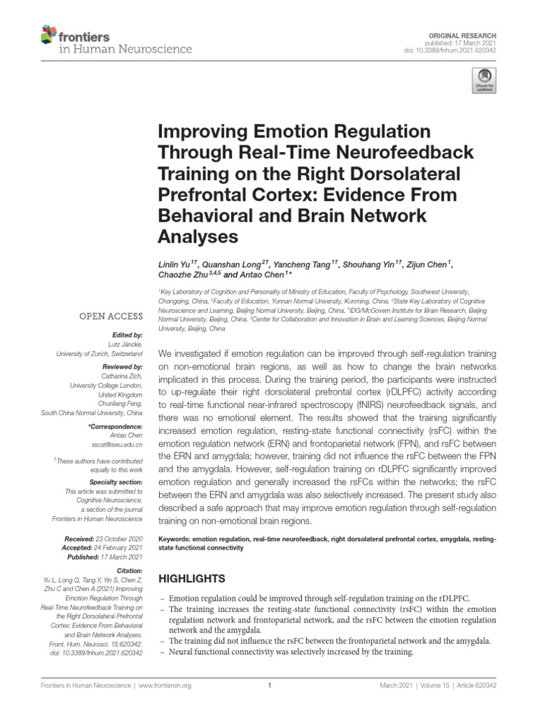Improving Emotion Regulation Through Real-Time Neurofeedback Training On The Right Dorsolateral ...