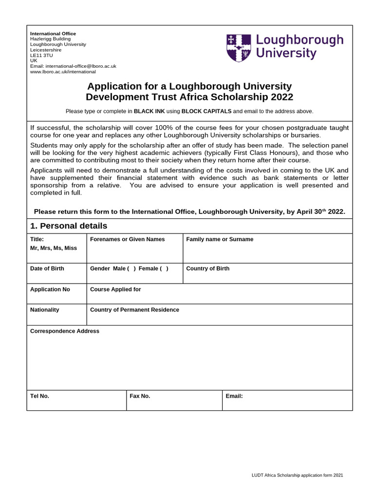 Africa Scholarship Application Form 2022 | PDF | University