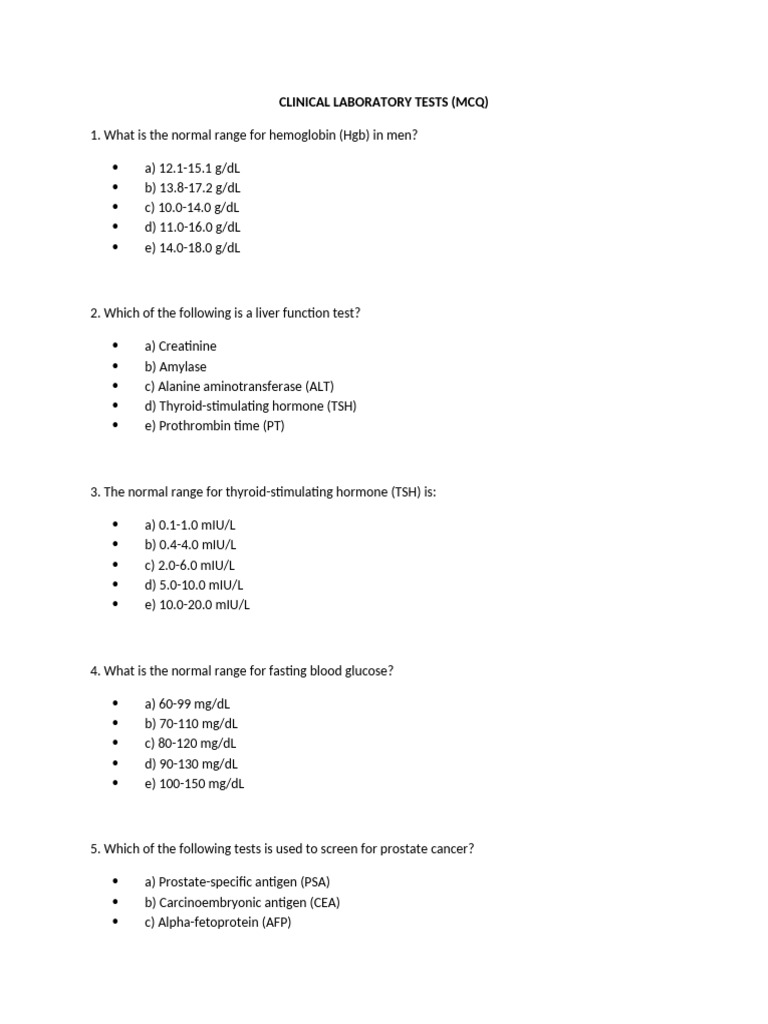 Clinical Laboratory Tests MCQs Guide | PDF | C Reactive Protein ...