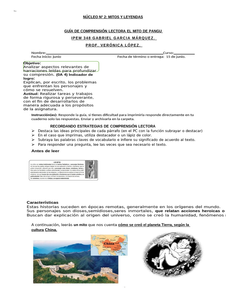 Lenguaje Guía de Comprensiòn Mito de Pangu | PDF