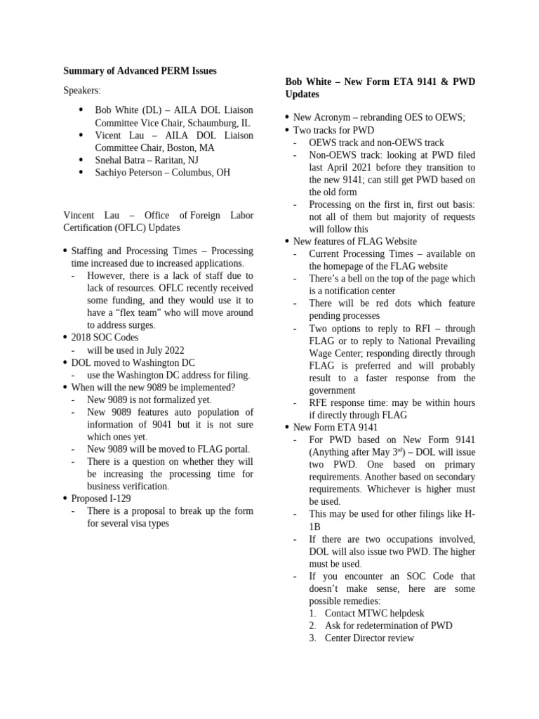 Summary of Advanced PERM Issues | PDF