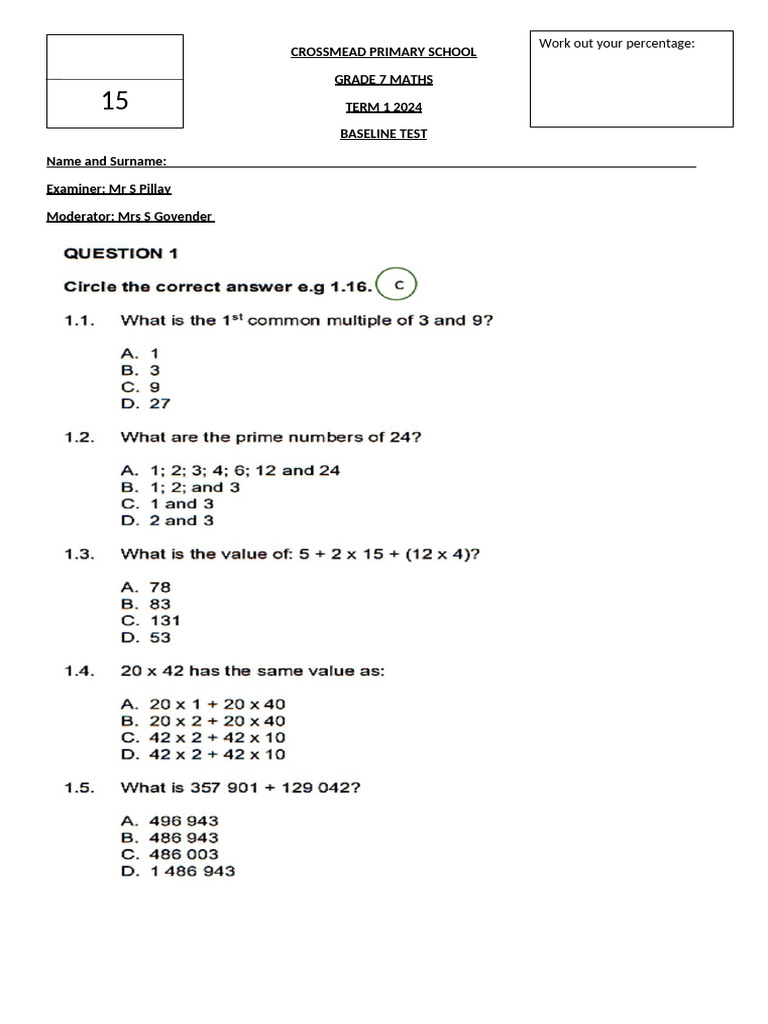 Grade 7 Maths Baseline Term 1 Edited | PDF