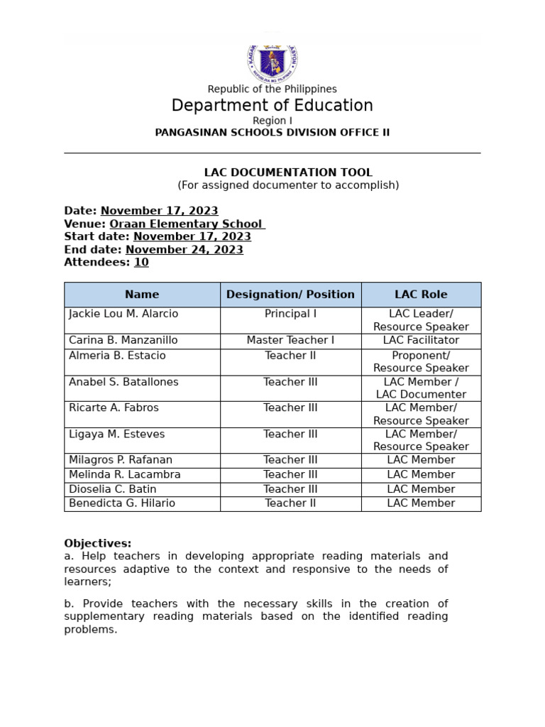 5 LAC Documentation Tool1 | PDF | Human Communication | Behavior Modification