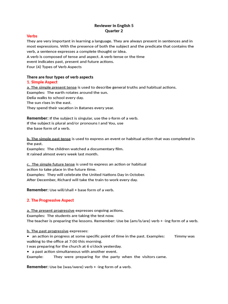 Reviewer in English 5-Quarter 2 | PDF | Verb | Narration