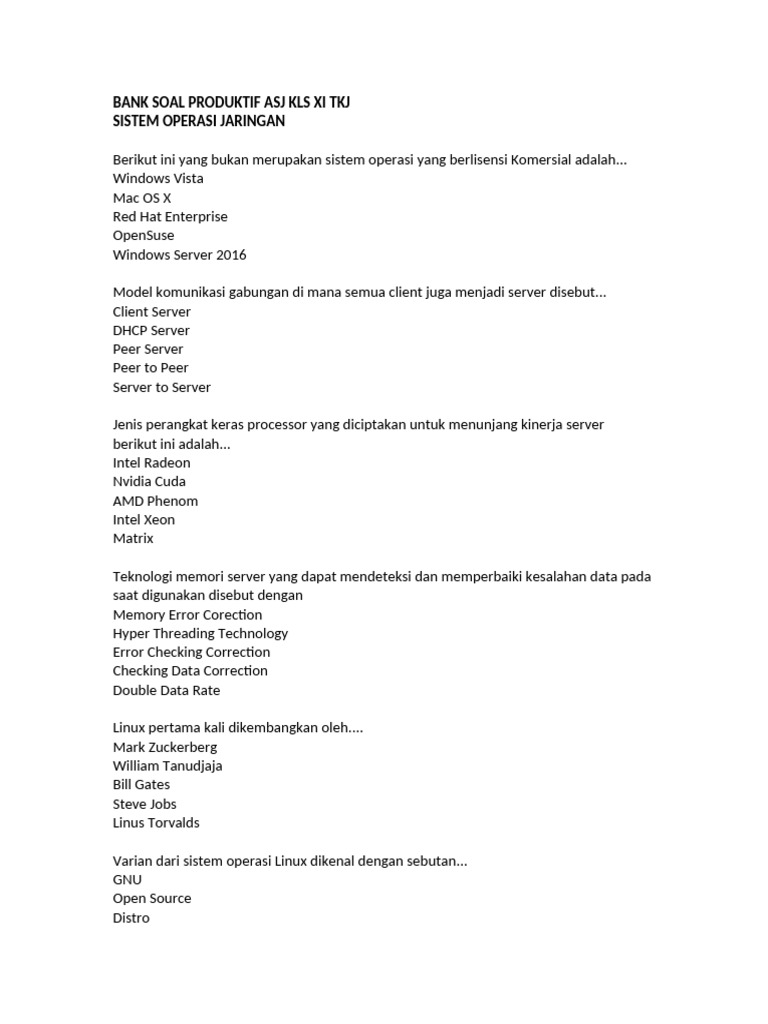 Bank Soal Produktif Asj Kls Xi TKJ | PDF