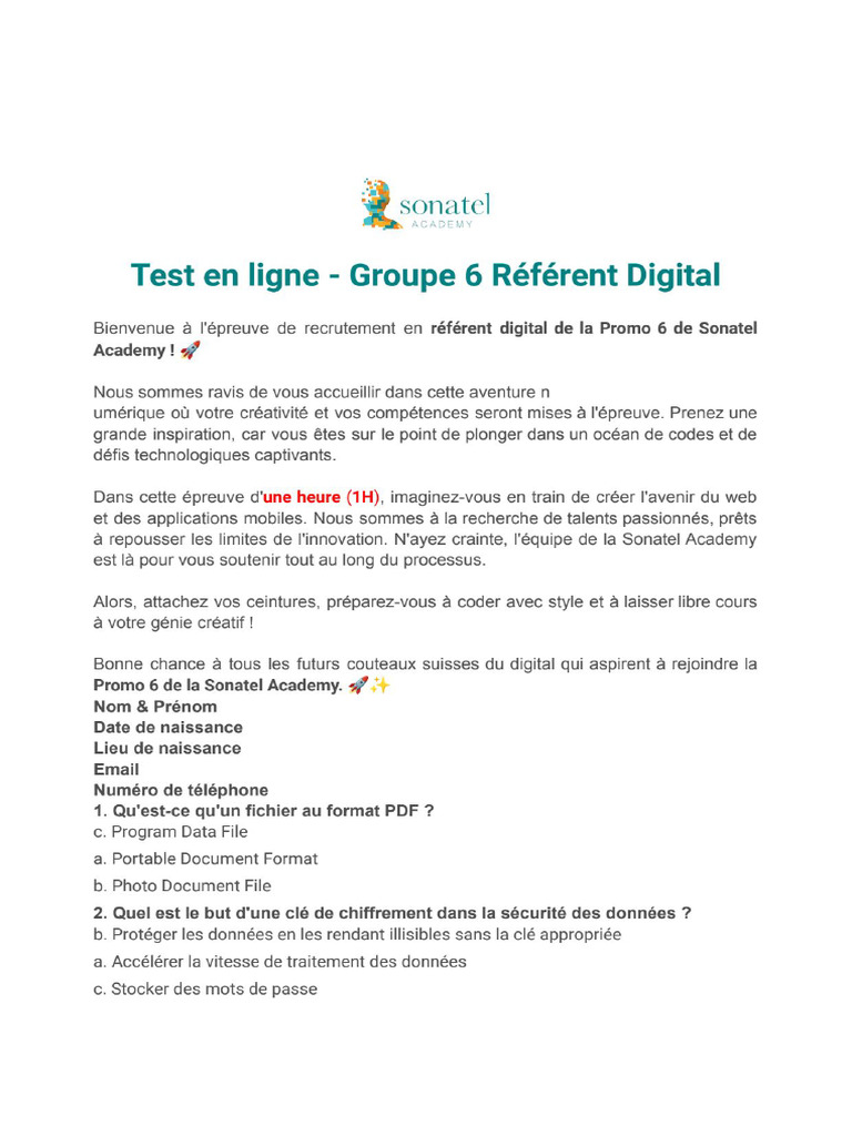 Test en Ligne Sonatel Academy - Référent Digital (1) - 1 | PDF