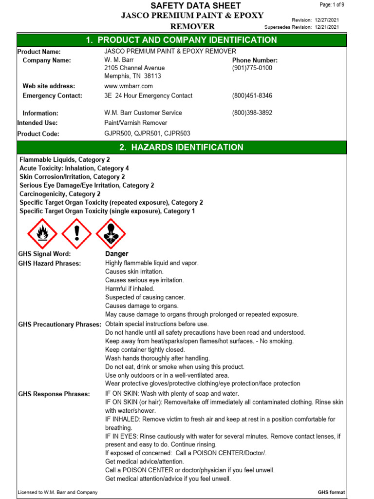 KWS4000 J Jasco Premium Paint & Epoxy Remover En | PDF | Personal Protective Equipment | Combustion