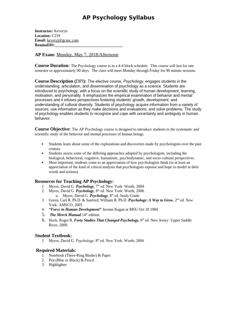 AP Psychology Course Syllabus Overview | PDF | Psychology | Emotions
