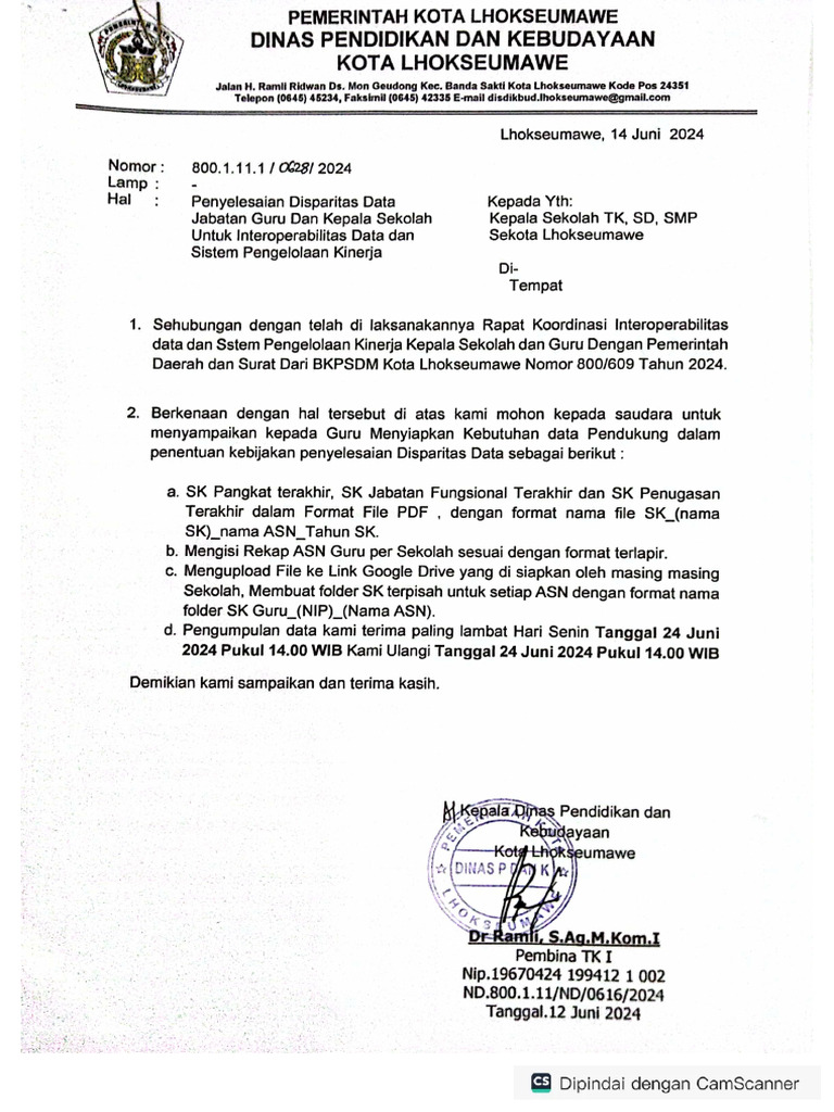 Surat Bkpsdm Data Guru | PDF