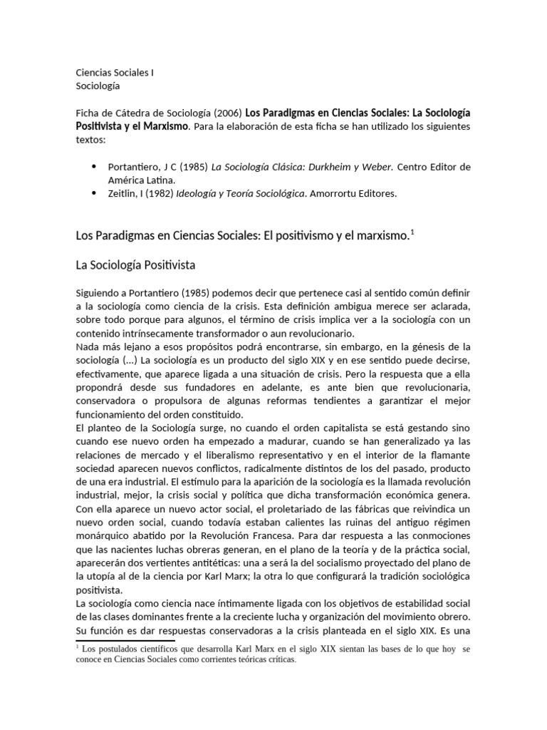 Ficha de Cátedra - La Sociología Positivista y El Materialismo Histórico de Marx | PDF ...